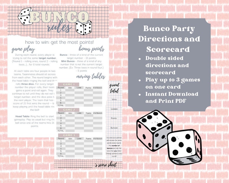 Bunco Directions and Scorecard — Bunco Party, Party Games, Printable ...