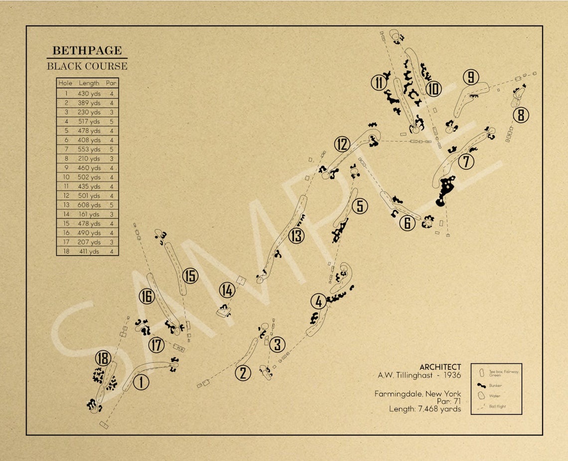 Bethpage Black Course Outline print | Etsy