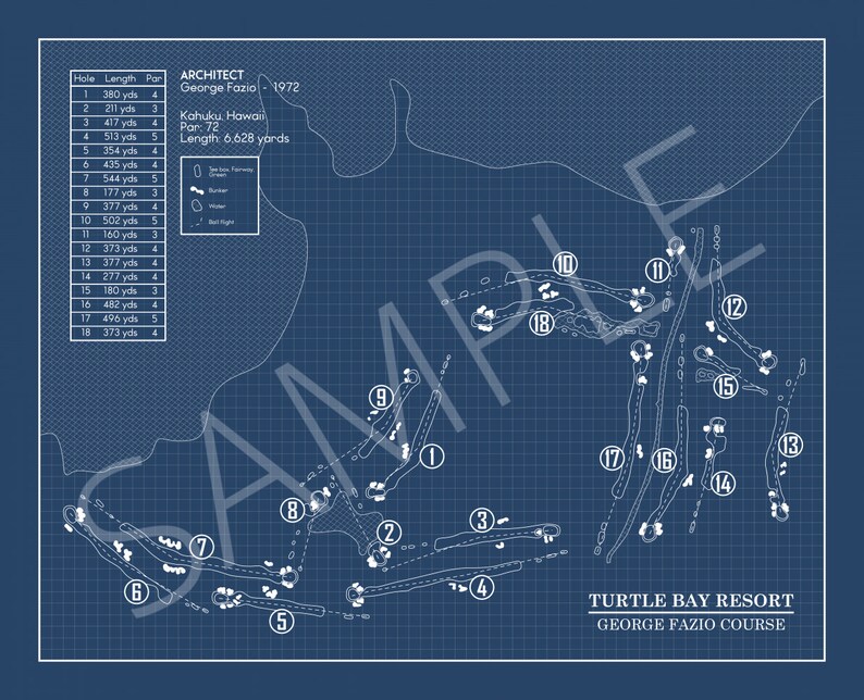 Turtle Bay Resort Fazio Course Blueprint print - Etsy