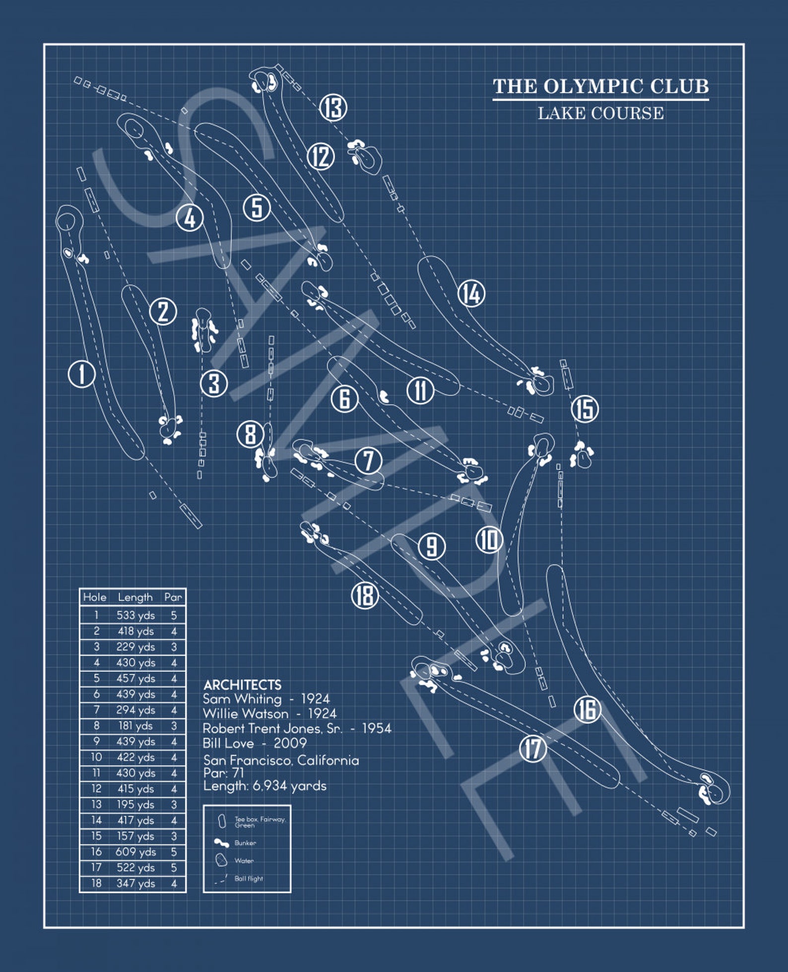 The Olympic Club Lake Course Blueprint print | Etsy