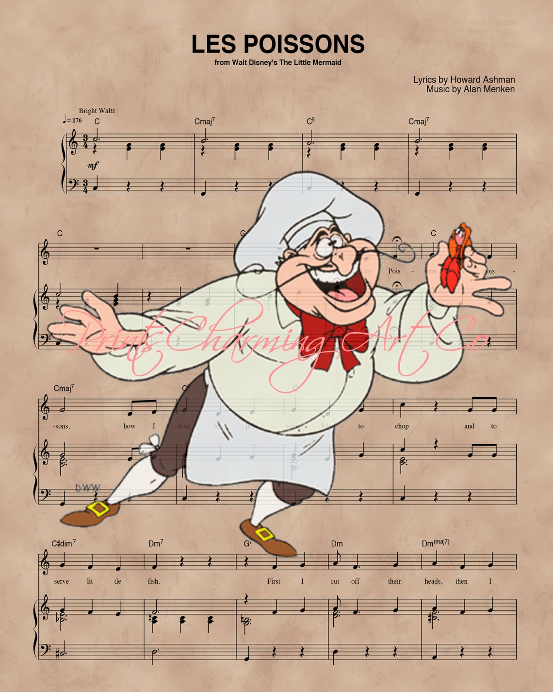 Disney Little Mermaid, Chef Louis Les Poissons Sheet Music Art Print ...