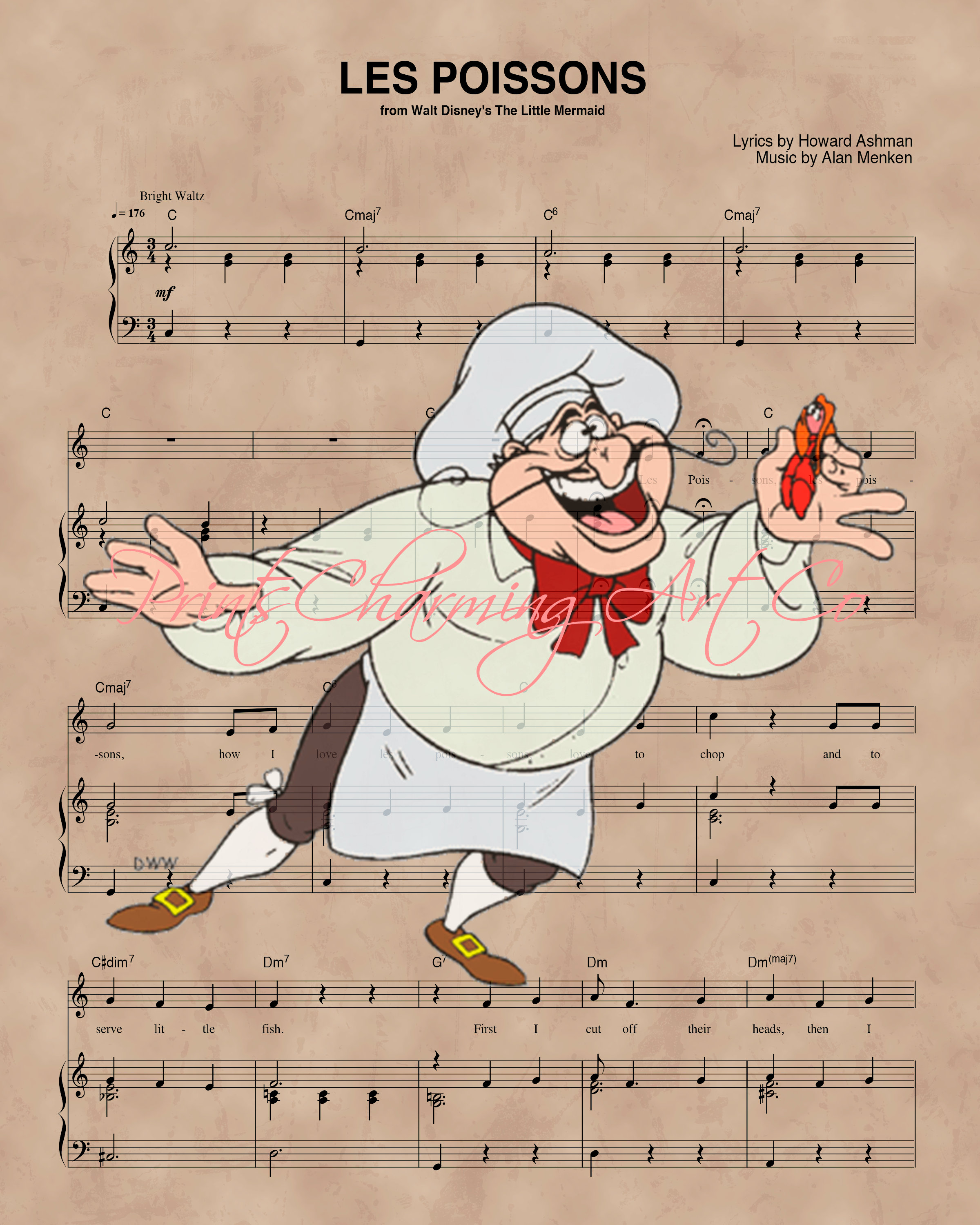 Disney Little Mermaid, Chef Louis Les Poissons Sheet Music Art Print ...