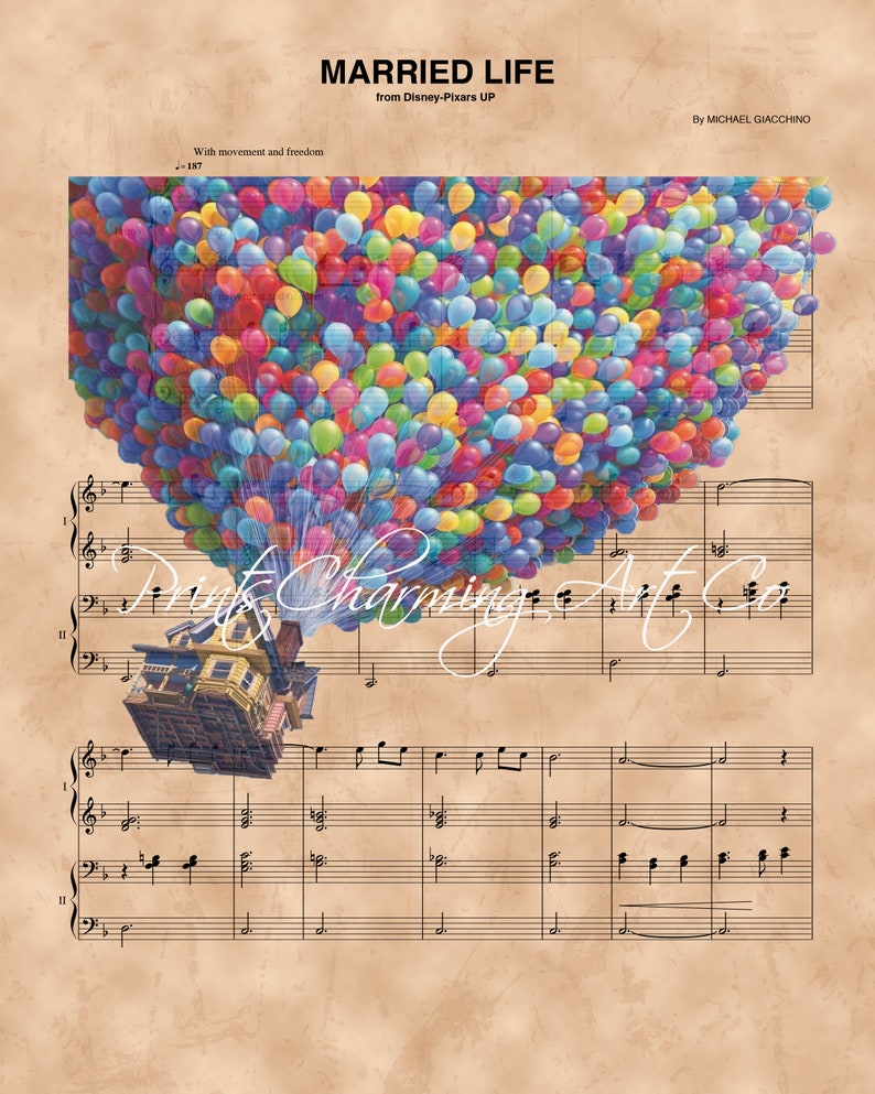 UP House and Balloons, Married Life Sheet Music Art Print, Disney ...