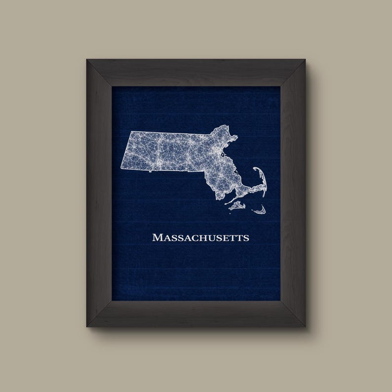 Massachusetts Blueprint Map Print | Massachusetts Wall Art ...