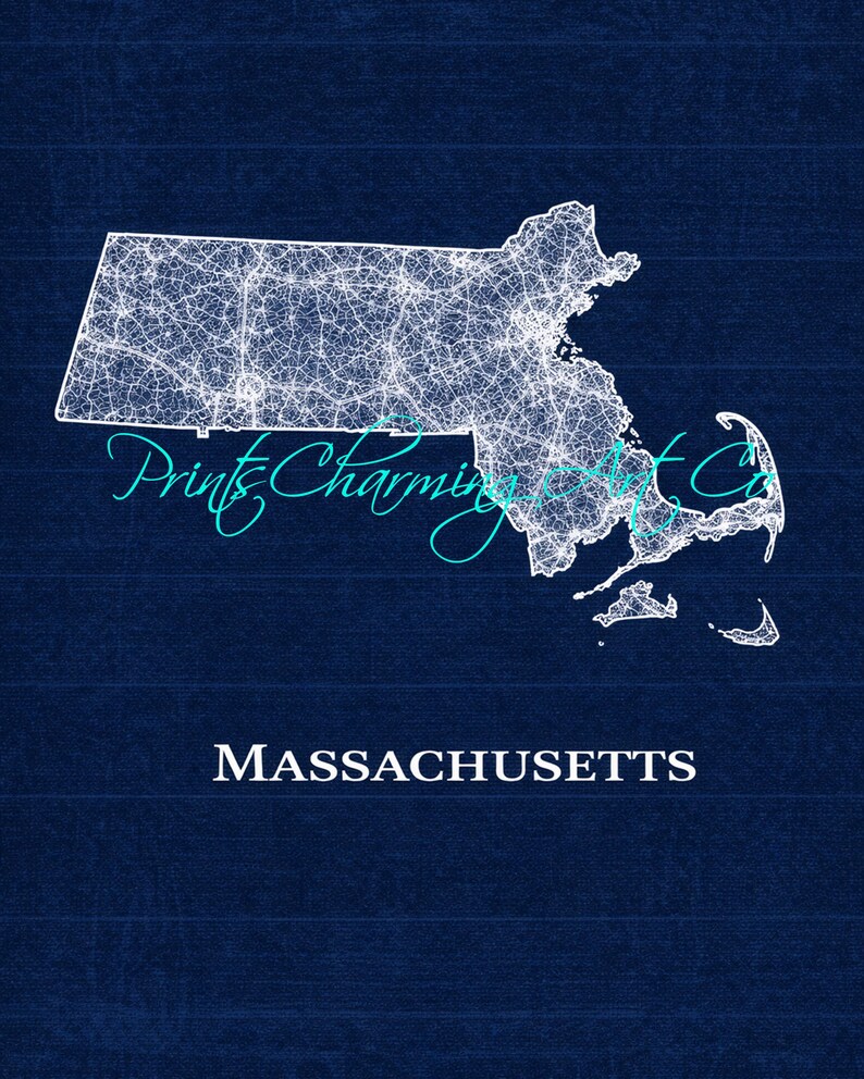 Massachusetts Blueprint Map Print | Massachusetts Wall Art ...