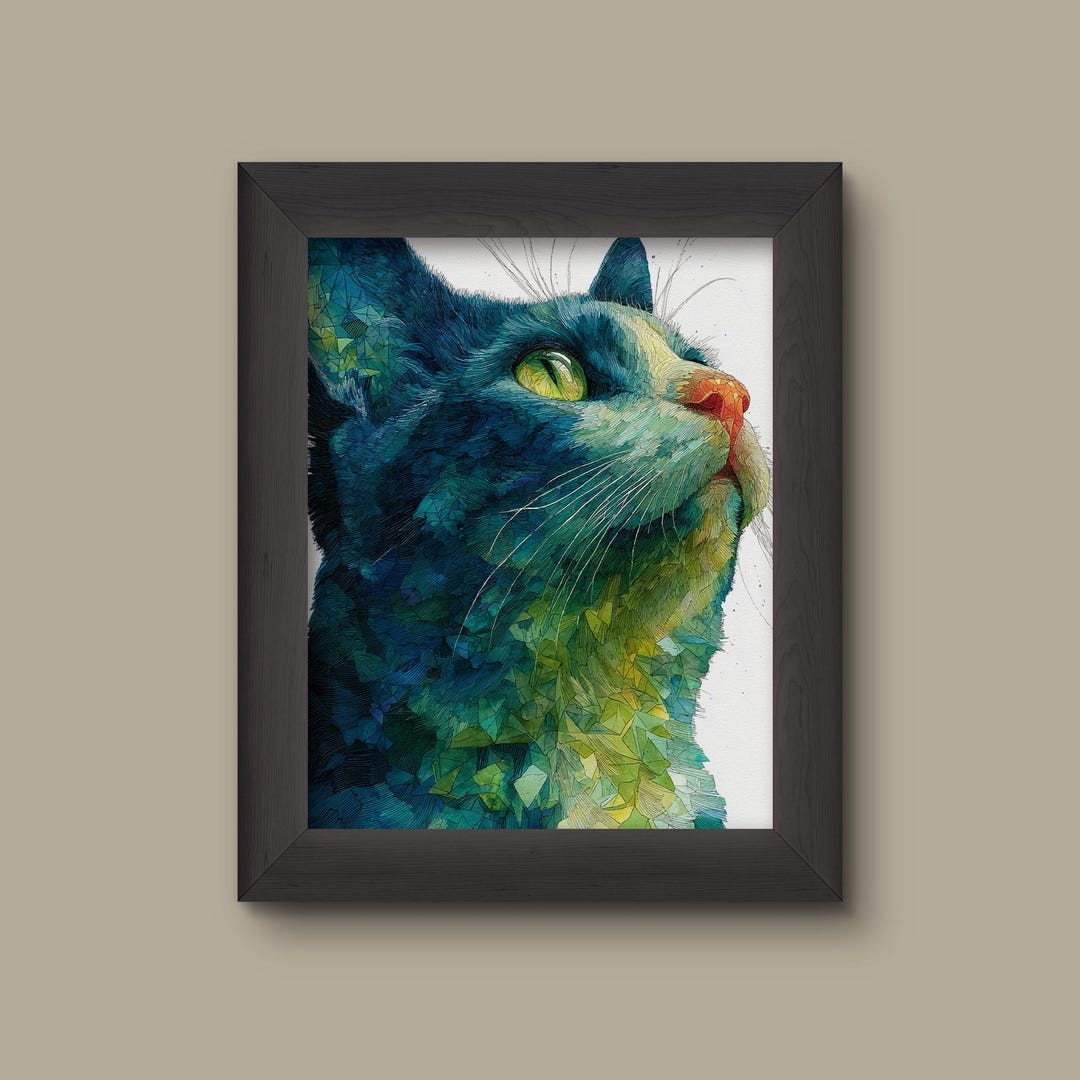 Geometric Blue Cat Art Print | Abstract Watercolor Feline Portrait ...