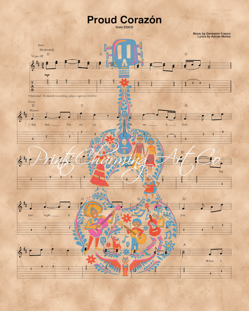 Coco Guitar Proud Corazon Sheet Music Art Print Disney | Etsy