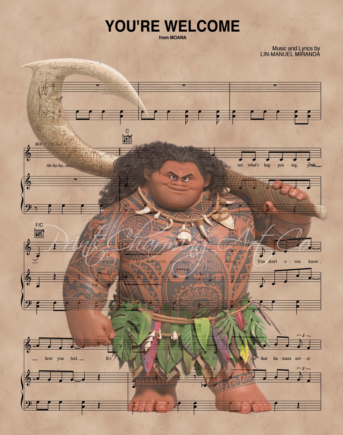 Disney Moana Maui You're Welcome Sheet Music Art Print | Etsy