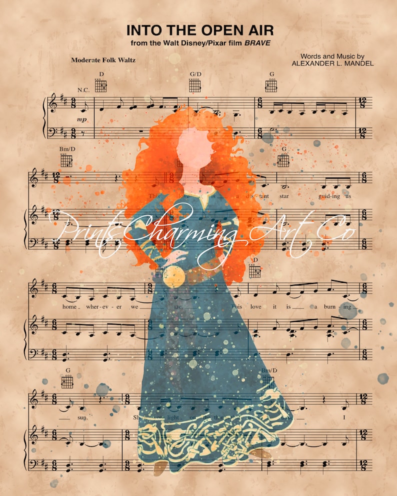 Disney Brave, Merida Watercolor Sheet Music Art Print, Merida Gift ...