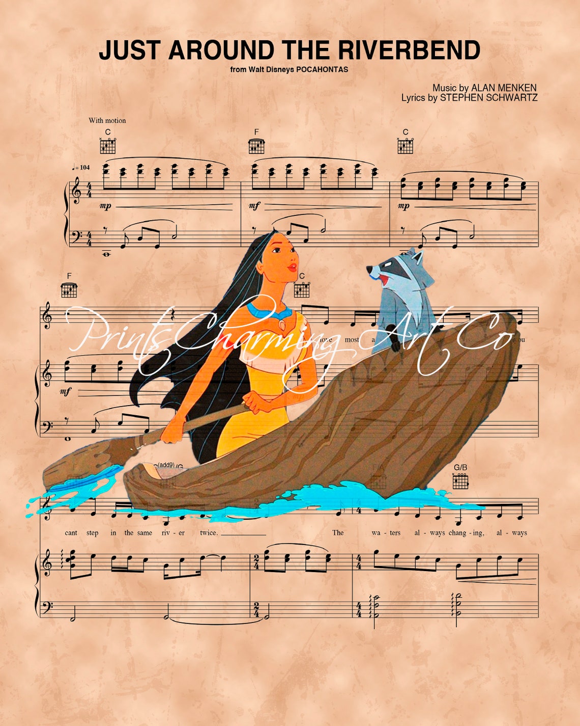 Pocahontas and Meeko, Just Around the Riverbend Sheet Music Art Print ...