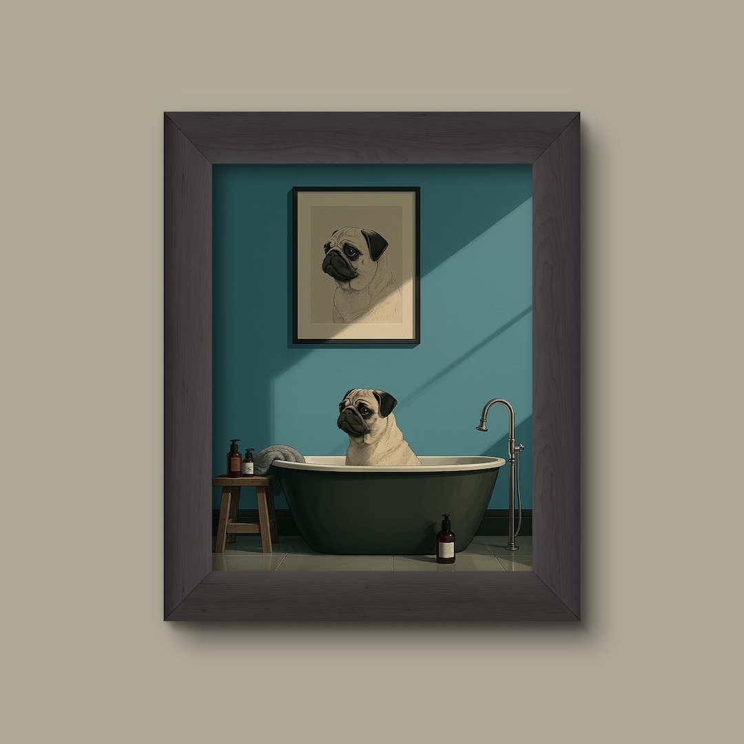 Minimalist Pug Bathroom Art Print – Funny Dog in Bathtub Wall Decor - Etsy