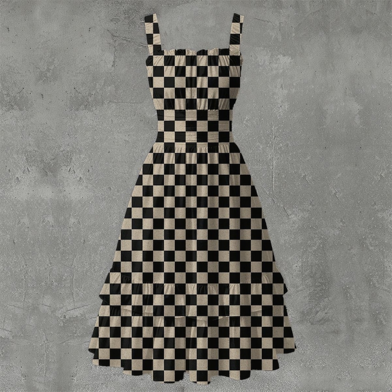 Checkerboard Ruffle Hem Milk Silk Dress, Retro Midi Sun Dress - Etsy