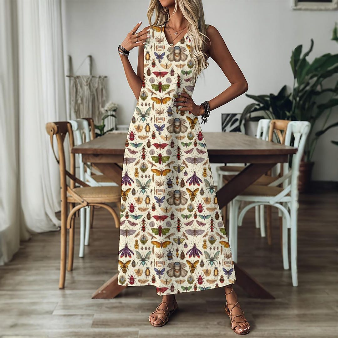 Bug Print Maxi Dress | Insect Pattern V-neck Long Dress | Naturecore A ...