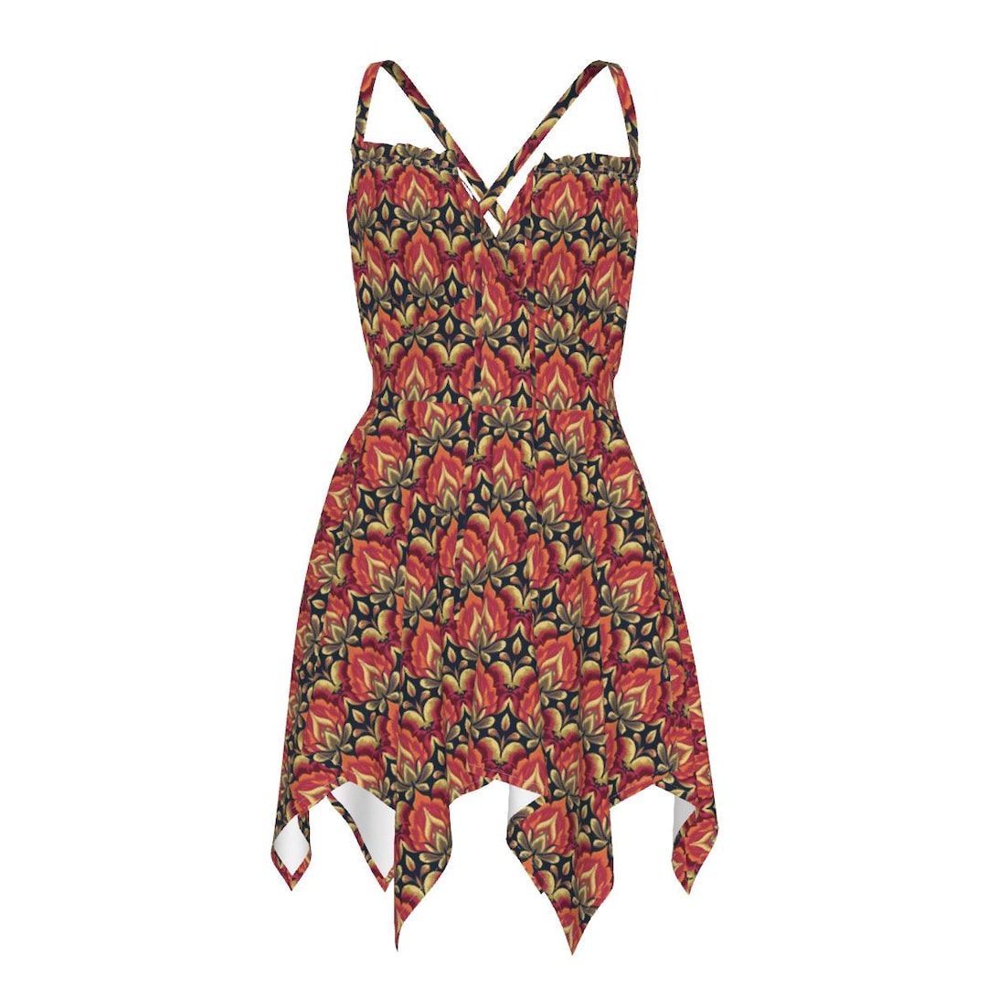 Retro Floral Boho Handkerchief Hem Slip Dress, Festival Summer Beach ...