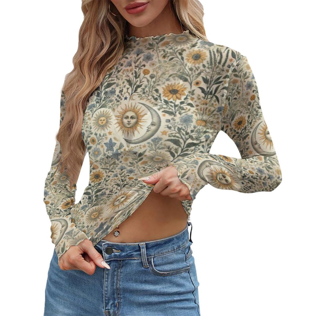 Celestial Sun Moon Mesh Top, Vintage Floral Sheer Shirt, Whimsigoth ...