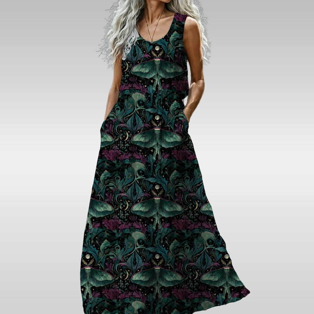 Luna Moth Maxi Dress, Dark Cottagecore Moon Phase Sleeveless Sundress ...
