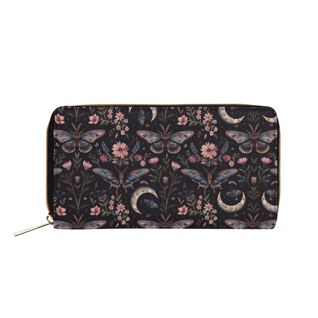 Witchy Moth Moon Wallet, Celestial Floral PU Leather Zip Pouch - Etsy