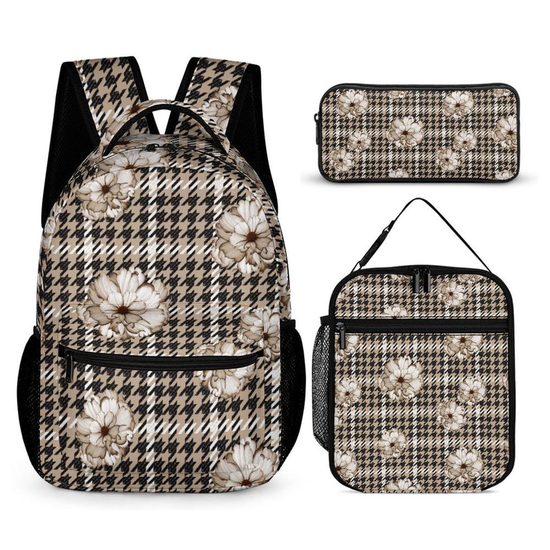 Houndstooth Floral Backpack Set, Lunch Box Pencil Case, School Commuter ...
