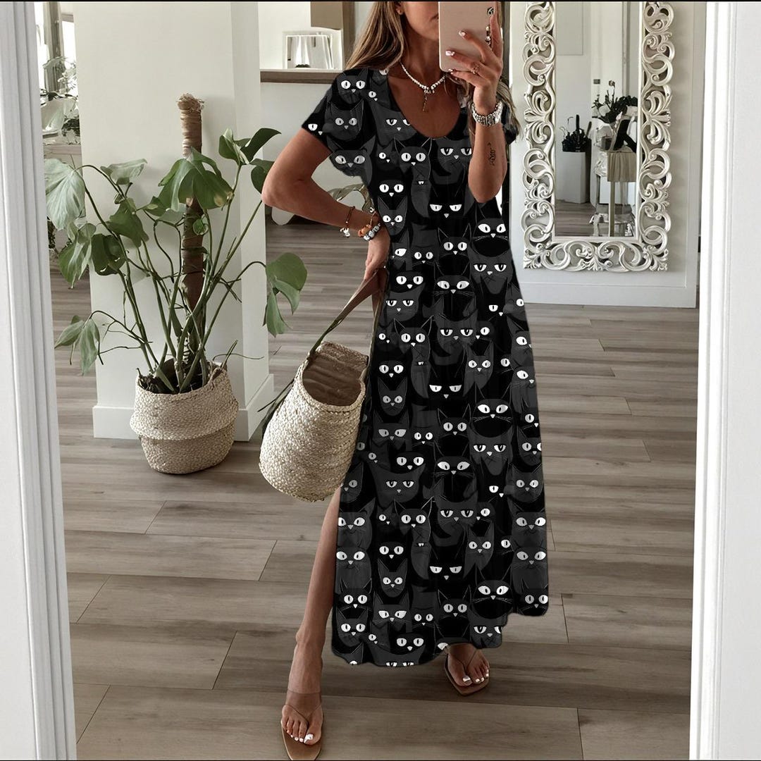 Black Cat Maxi Dress: Gothic Witchcore Boho V-neck Plus Size - Etsy