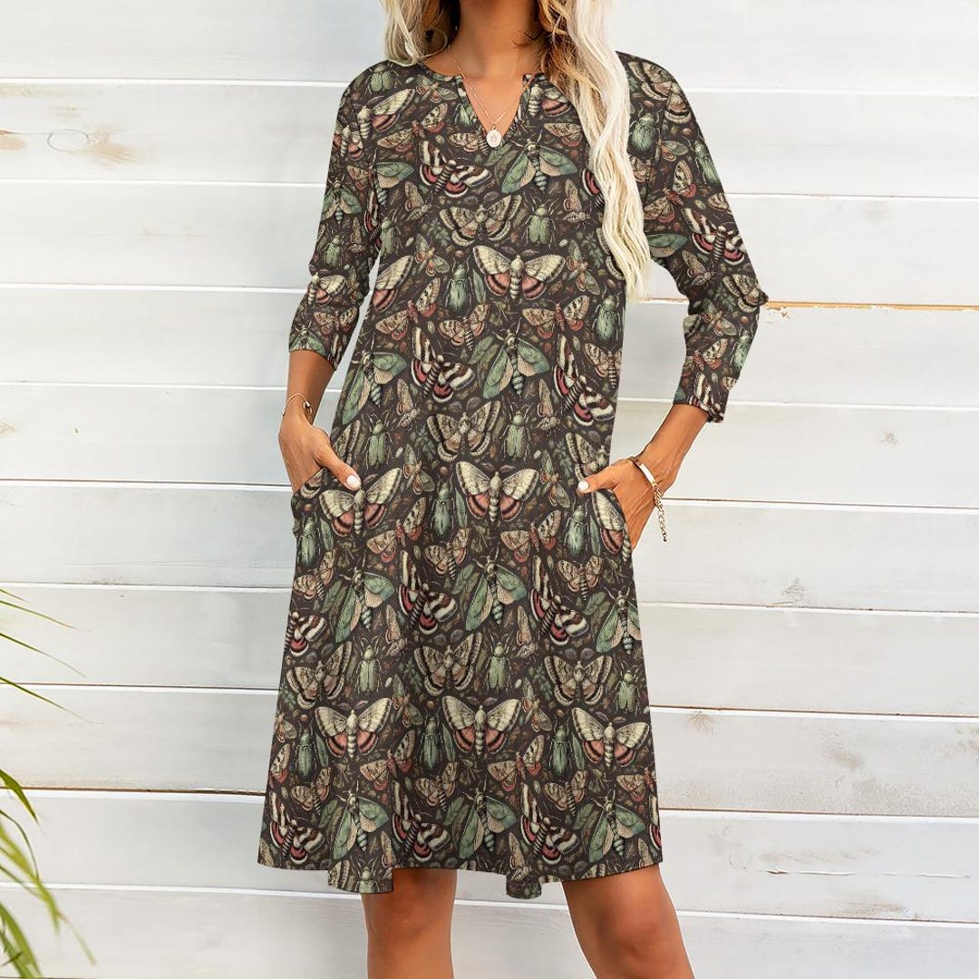 Bugs and Moth Cottagecore Gothic Dress | 7-point Sleeve V-neck Dress ...