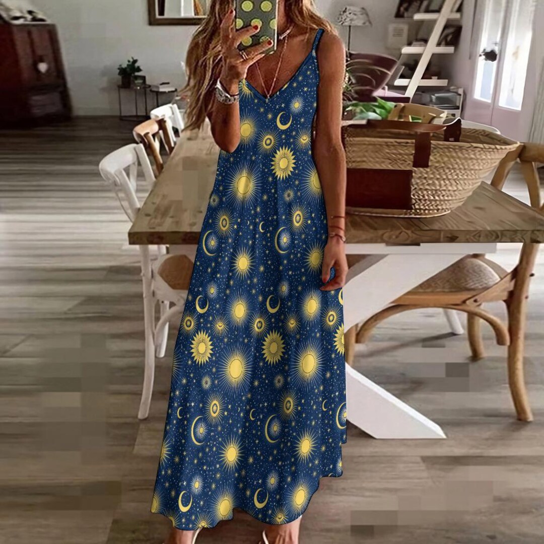 Sun & Moon Print Sling Dress: Celestial Ankle Length Gown (S-5XL) - Etsy