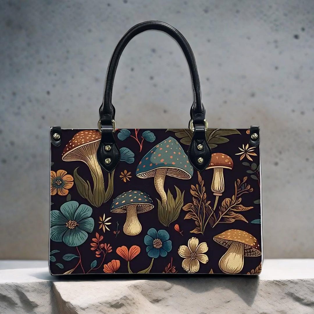Dark Botanical Mushroom Tote Bag, Floral PU Leather Handbag - Etsy