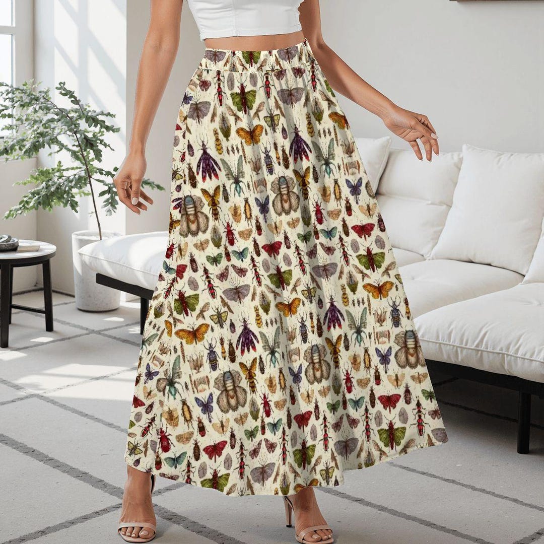 Moths and Bugs Print Midi Skirt With Pockets | High Waist Pleated Skirt ...