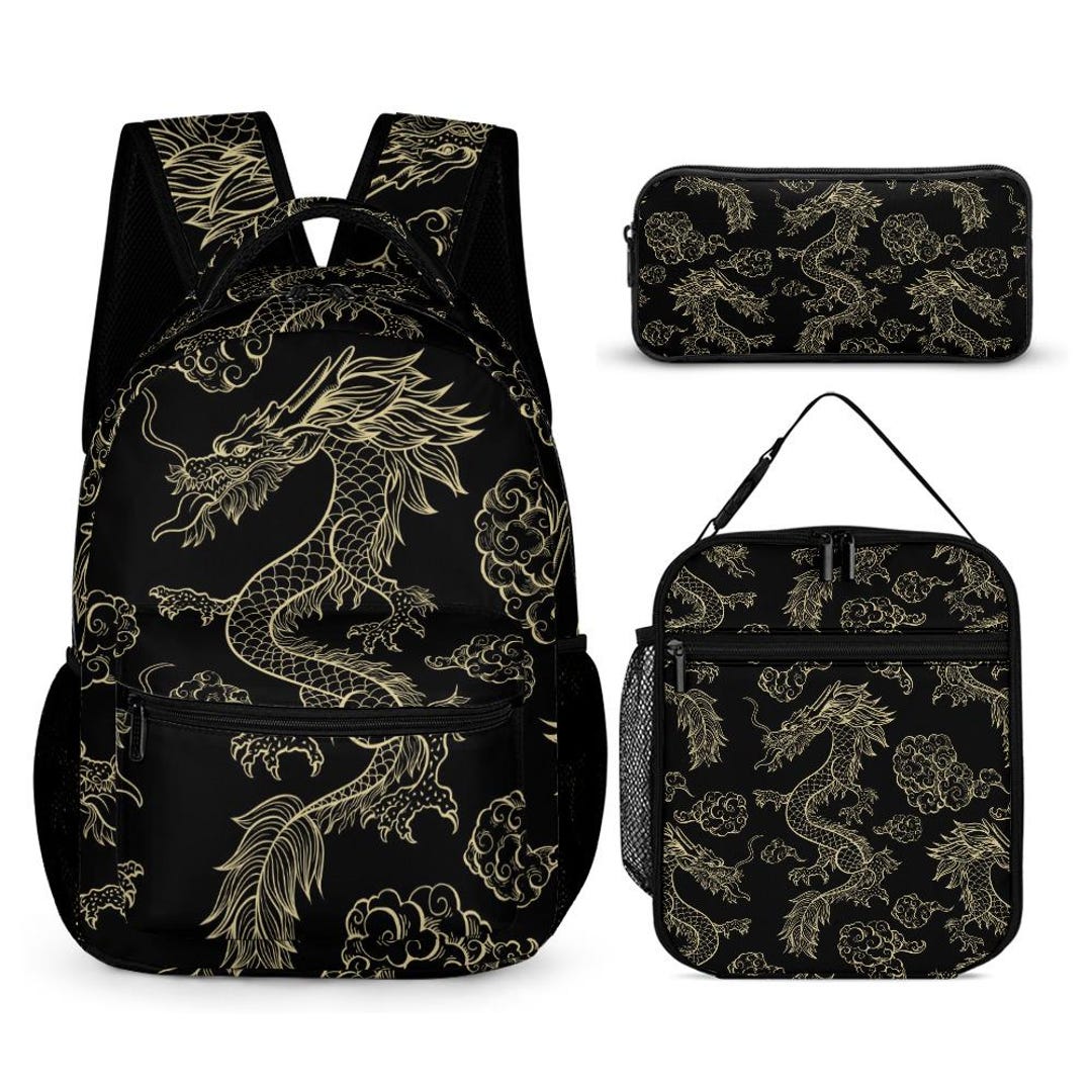 Japanese Black Dragon 3-piece Backpack Set School Bag, Lunch Bag ...