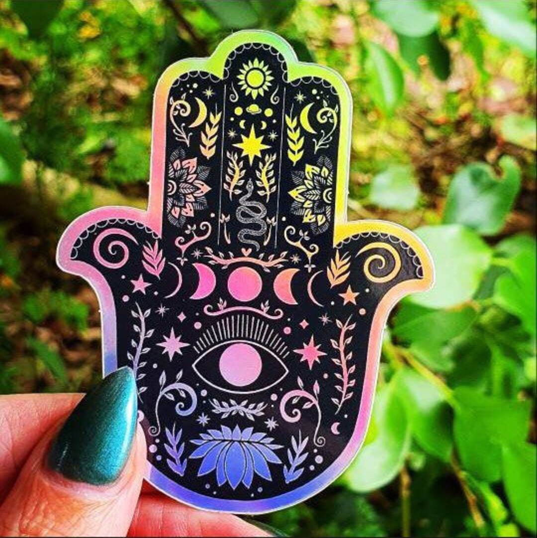 Hamsa Hand Holographic Sticker. Buddha Hand Sticker. Sun and Moon ...
