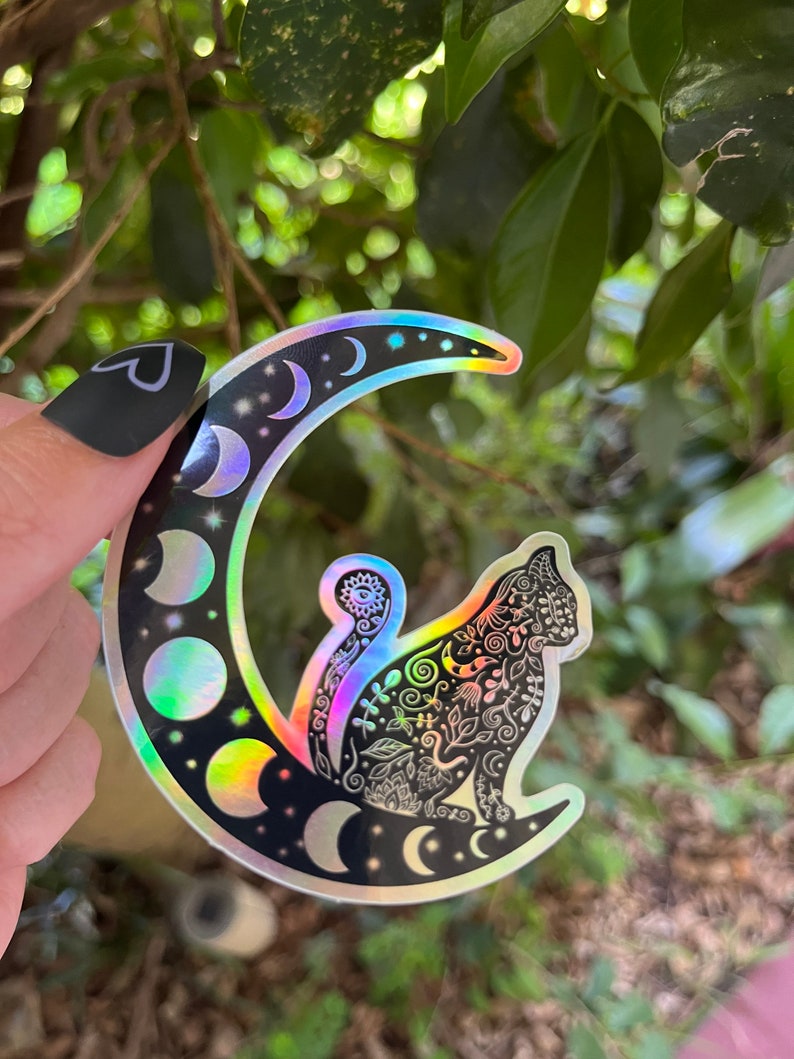 Cat Sitting on Moon Holographic Sticker. Sun and Moon Sticker. - Etsy