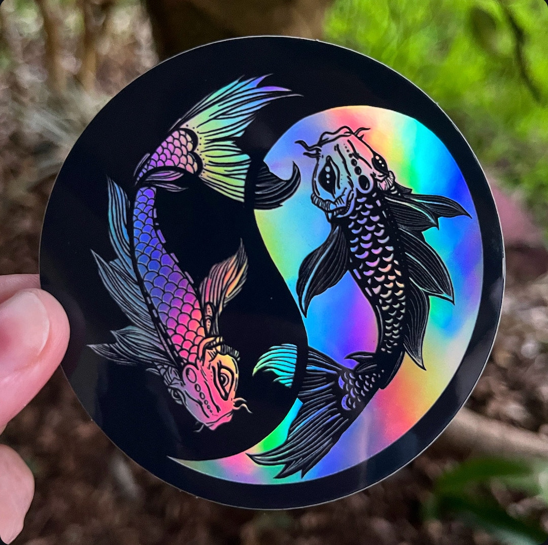 Holographic Koi Fish Sticker. Yin Yang Sticker. Laptop Sticker. Flask ...