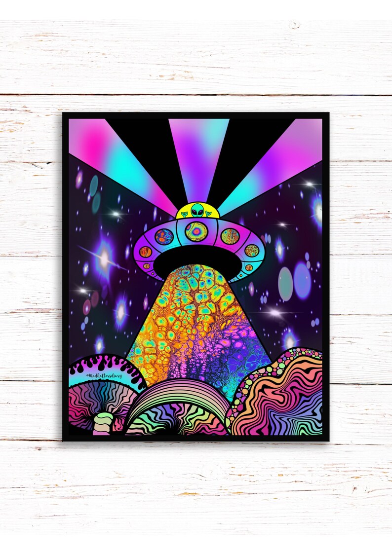 Alien UFO art Print. Mushrooms. Trippy. Psychedelic. A3 A4 | Etsy