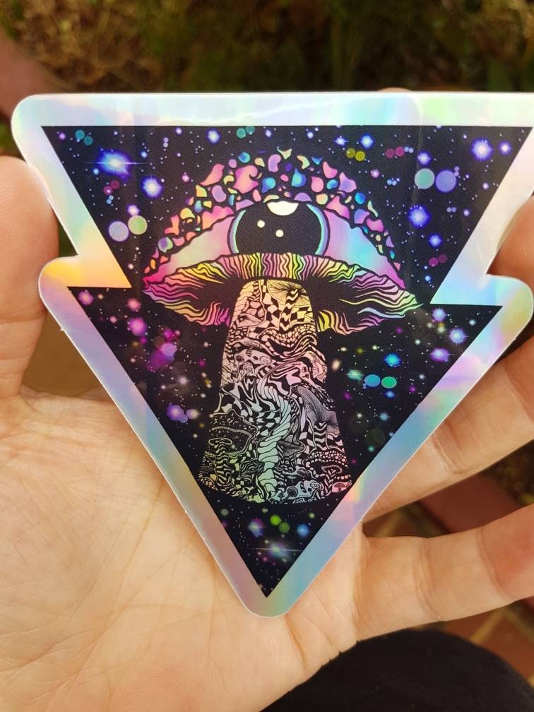 Holographic Mushroom Alien Sticker. Mushroom Eyeball Spaceship Trippy ...