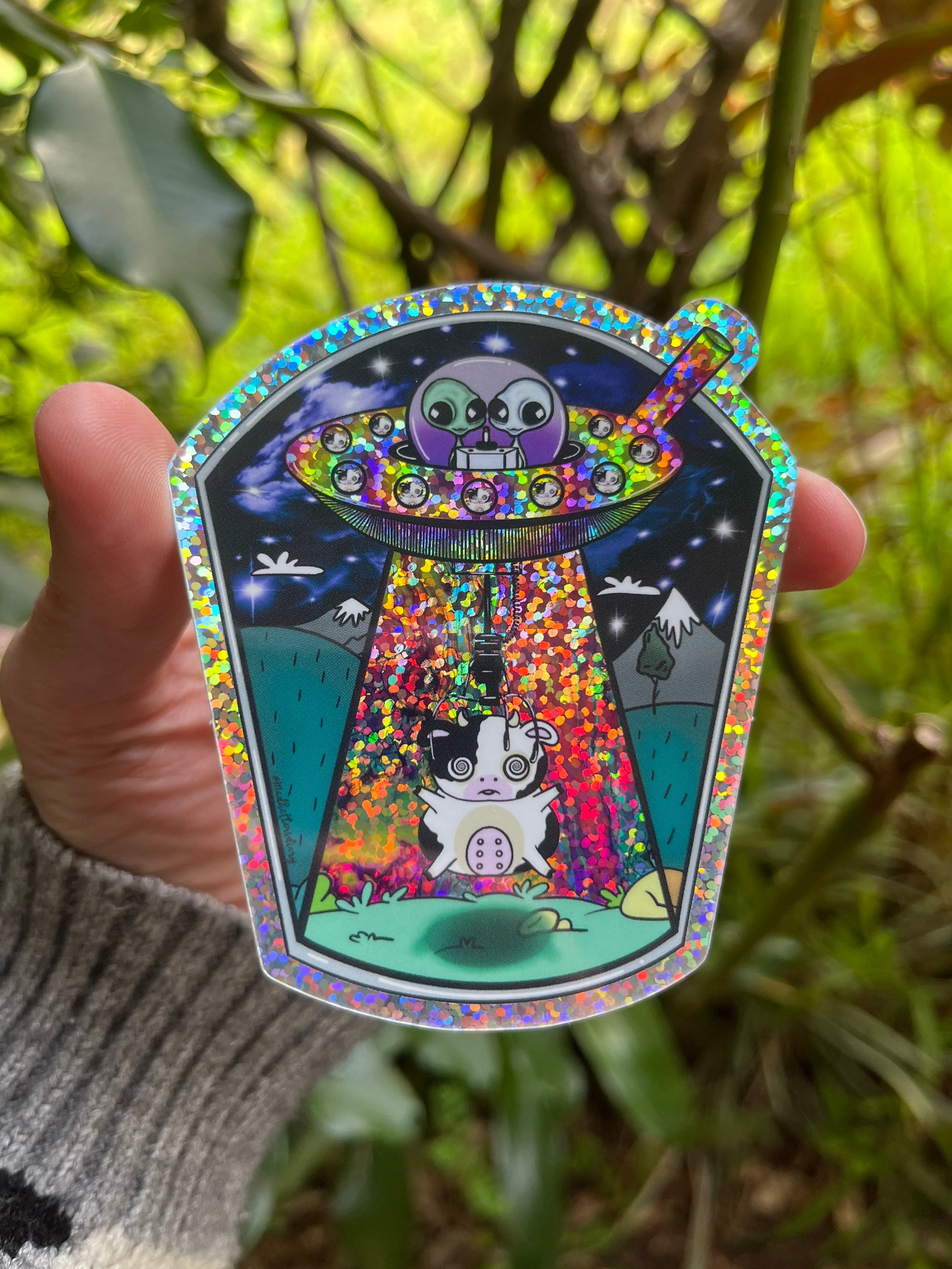Alien Spaceship Cow Abduction. Glitter Stickers. Vending - Etsy