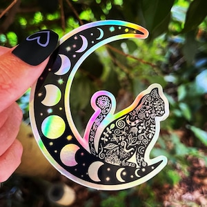 Cat Sitting on Moon Holographic Sticker. Sun and Moon Sticker. Witchy ...