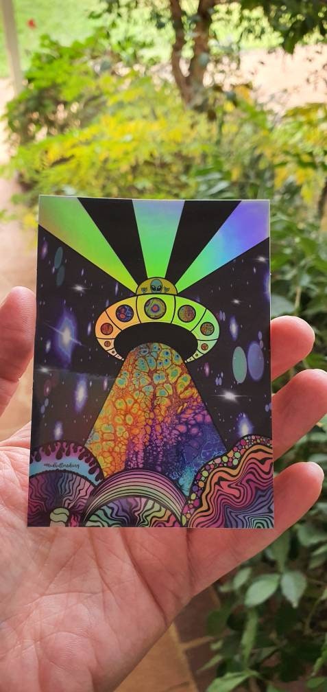 Holographic Alien Mushroom Spaceship Abduction Sticker. UV | Etsy