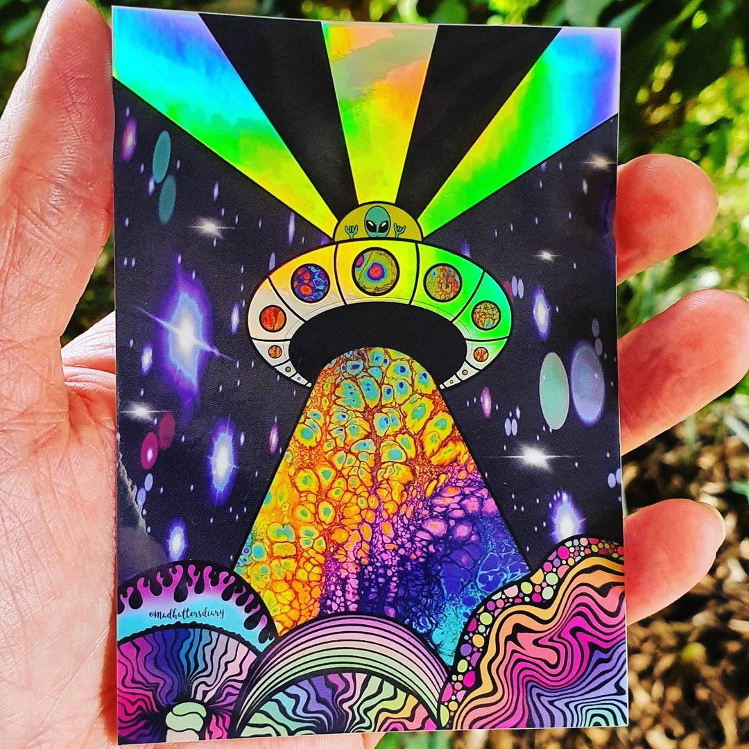 Holographic Alien Mushroom Spaceship Abduction Sticker. UV Indoor ...