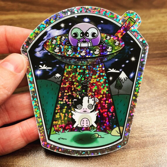 Alien Spaceship Cow Abduction. Glitter Stickers. Vending - Etsy