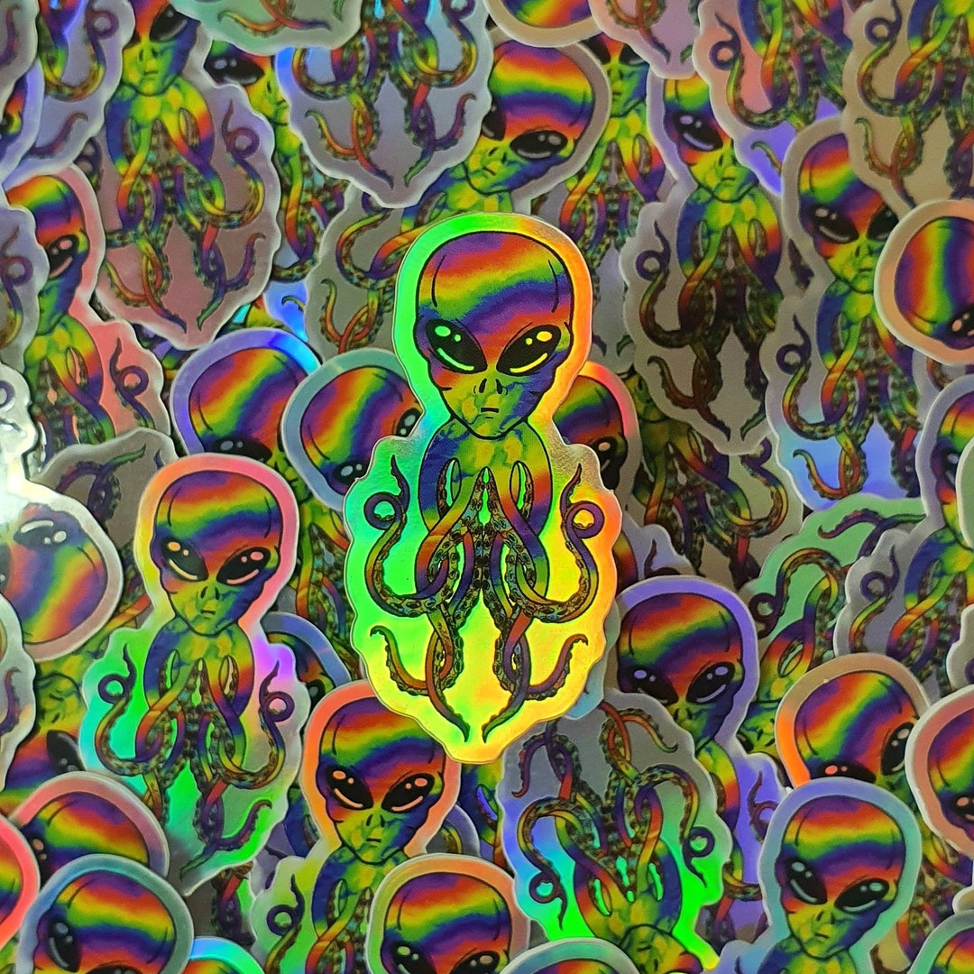 Holographic Alien Octopus. Psychedelic Trippy Sticker. UV Indoor and ...
