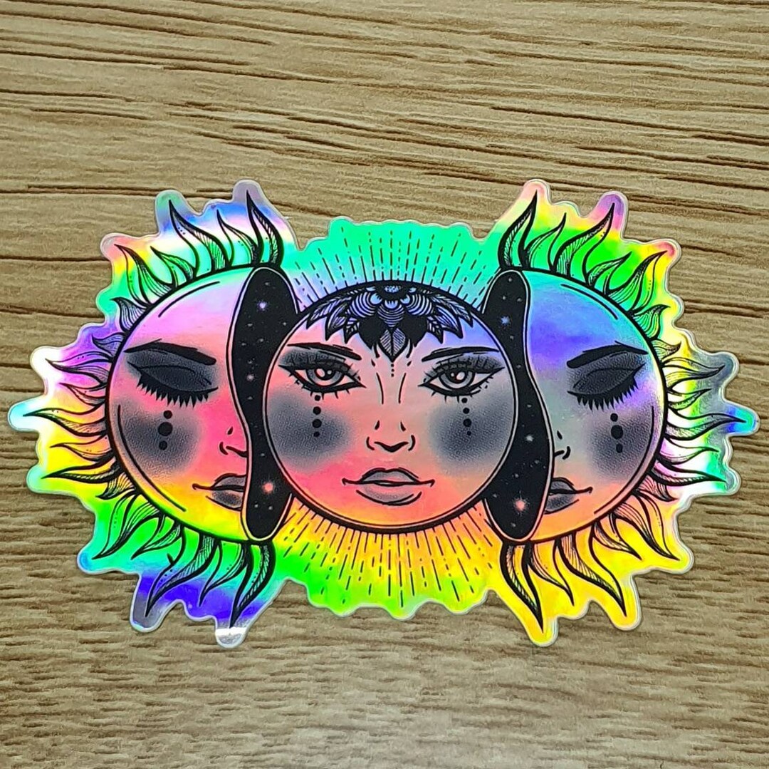 Holographic Sun and Moon Sticker. Waterproof Sticker. Flask Sticker ...