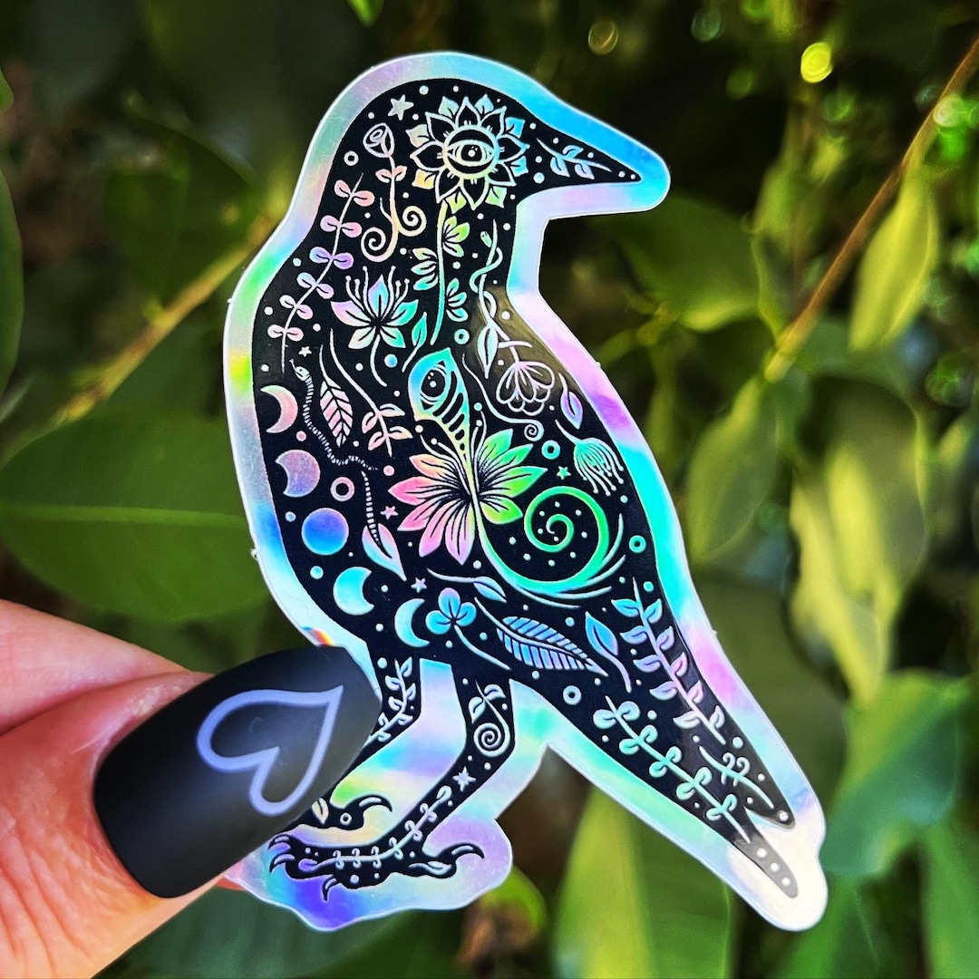 Crow Holographic Sticker. Sun and Moon Sticker. Bird Sticker. Witch ...