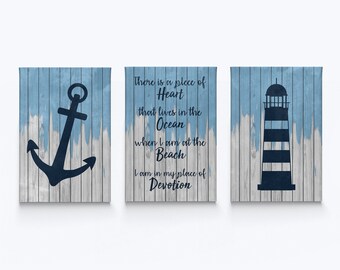 Anchor Illustration Blue and White Wooden Coastal Decor Canvas Print ...