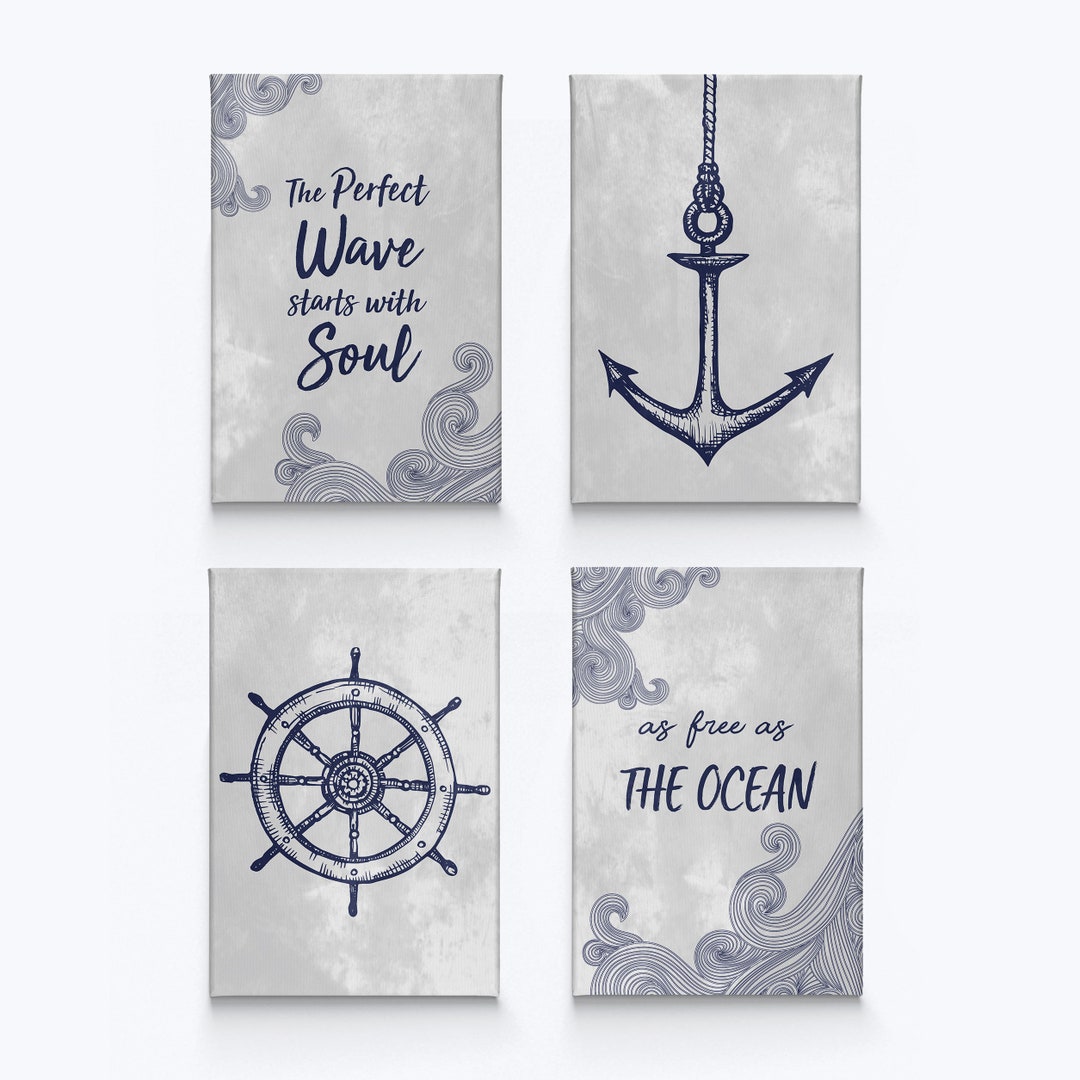 Anchor Ship Wheel Quotes Navy Blue Illustration Old White Coastal Decor ...