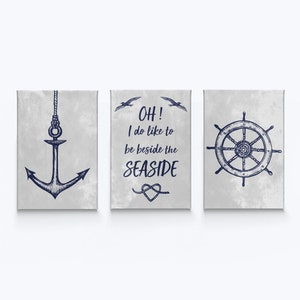Anchor Ship Wheel Ocean Quote Navy Blue Illustration White Coastal ...