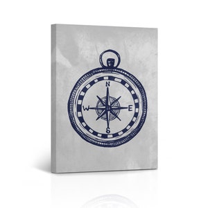 Compass Painting Navy Blue Illustration Old White Coastal Decor Canvas ...