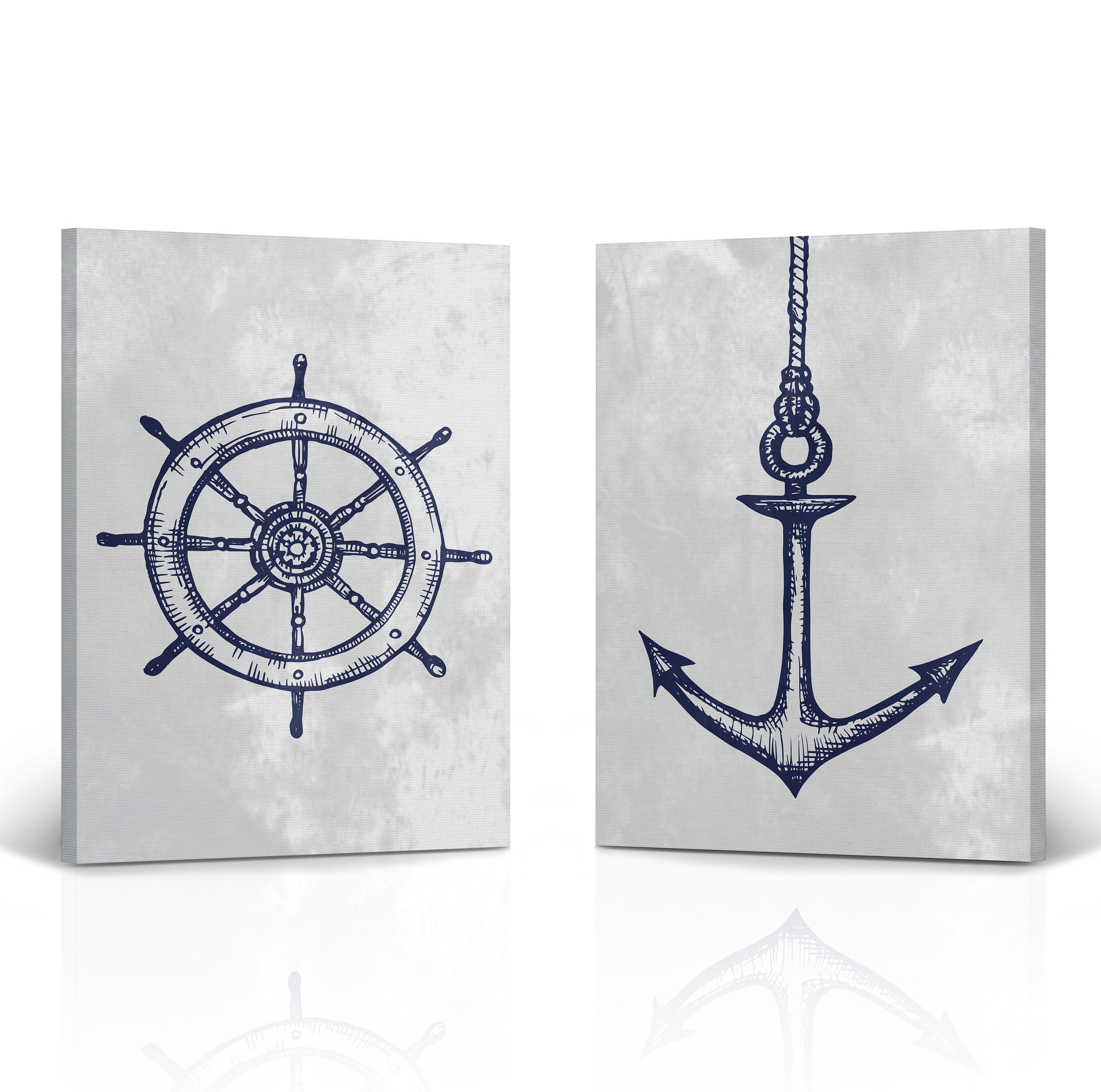 Ship Wheel and Anchor Navy Blue Illustration Old White Coastal Decor 2 ...