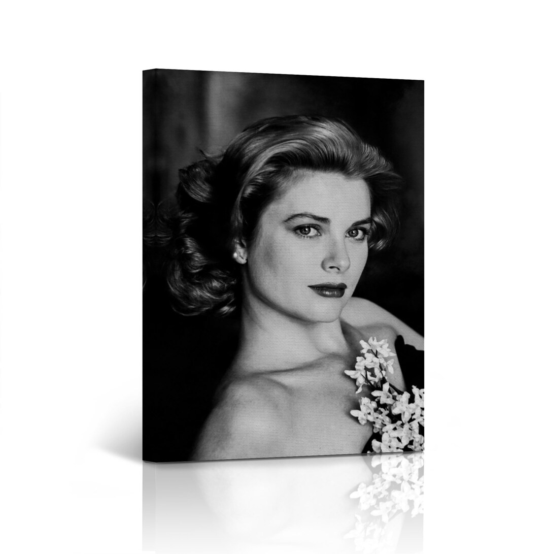 Grace Kelly With Flowered Dress Black and White Vintage Wall Art Canvas ...