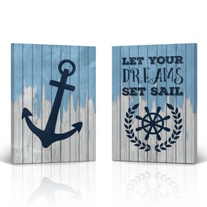 Anchor Ship Wheel and Quote Illustration Blue White Wooden Coastal ...