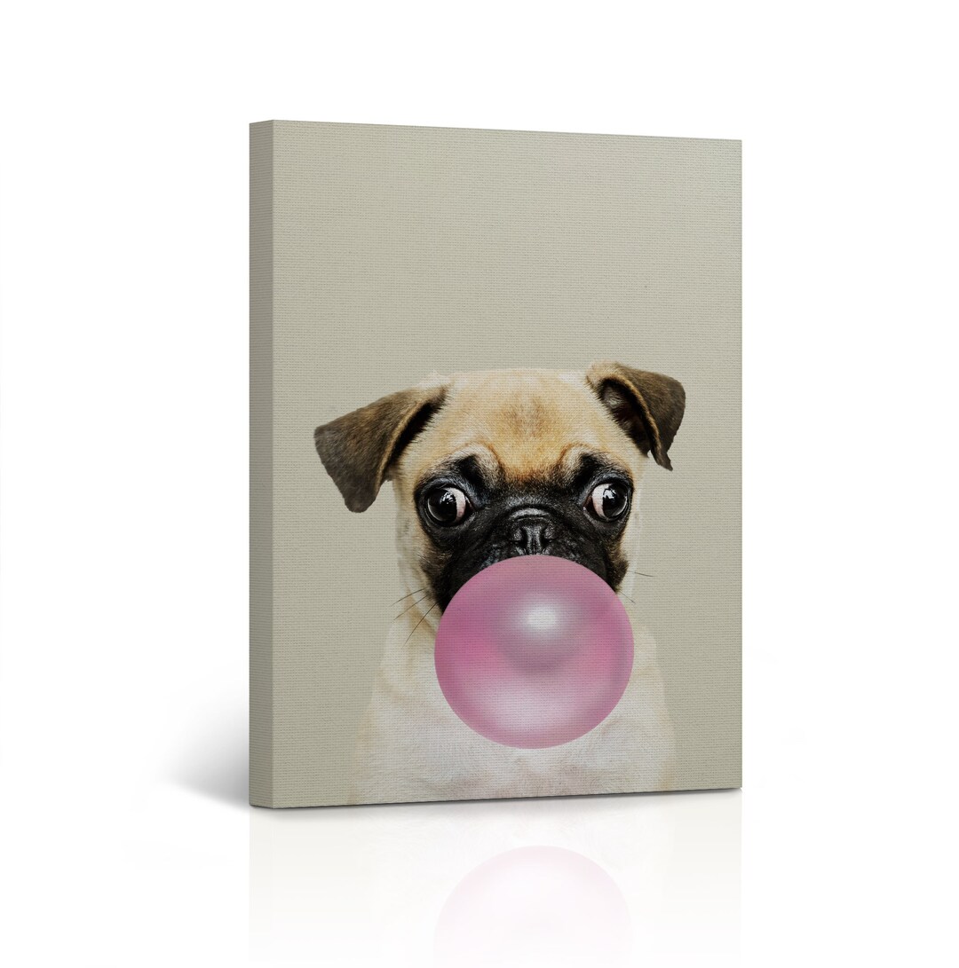 Puppy Pug Dog Blowing Pink Bubble Gum Colored Portrait Pop Art Animal ...