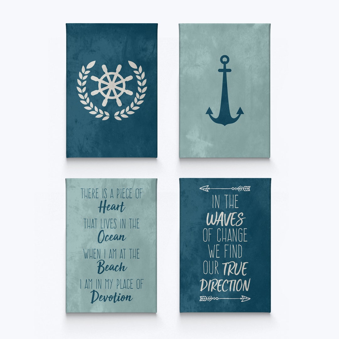 Ship Wheel Anchor Quotes Illustration Turquoise Navy Blue Coastal Decor ...